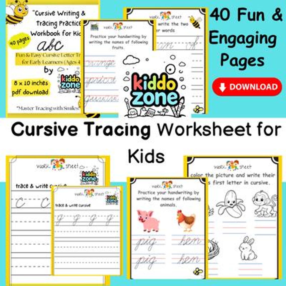 Cursive Tracing Worksheet for Kids | 40 Pages | Alphabet, Words ...