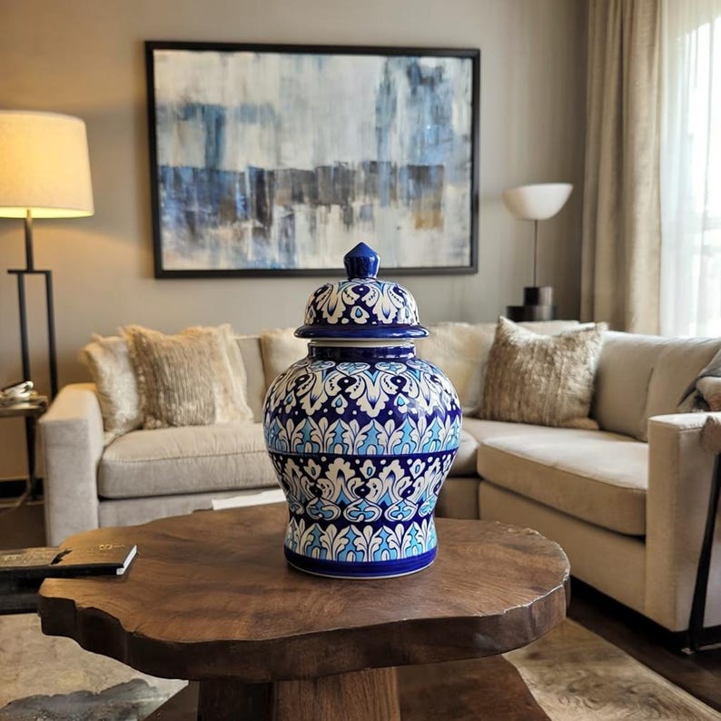 Traditional Lidded Blue Pottery Ceramic Chinese Jar - Handmade and ...