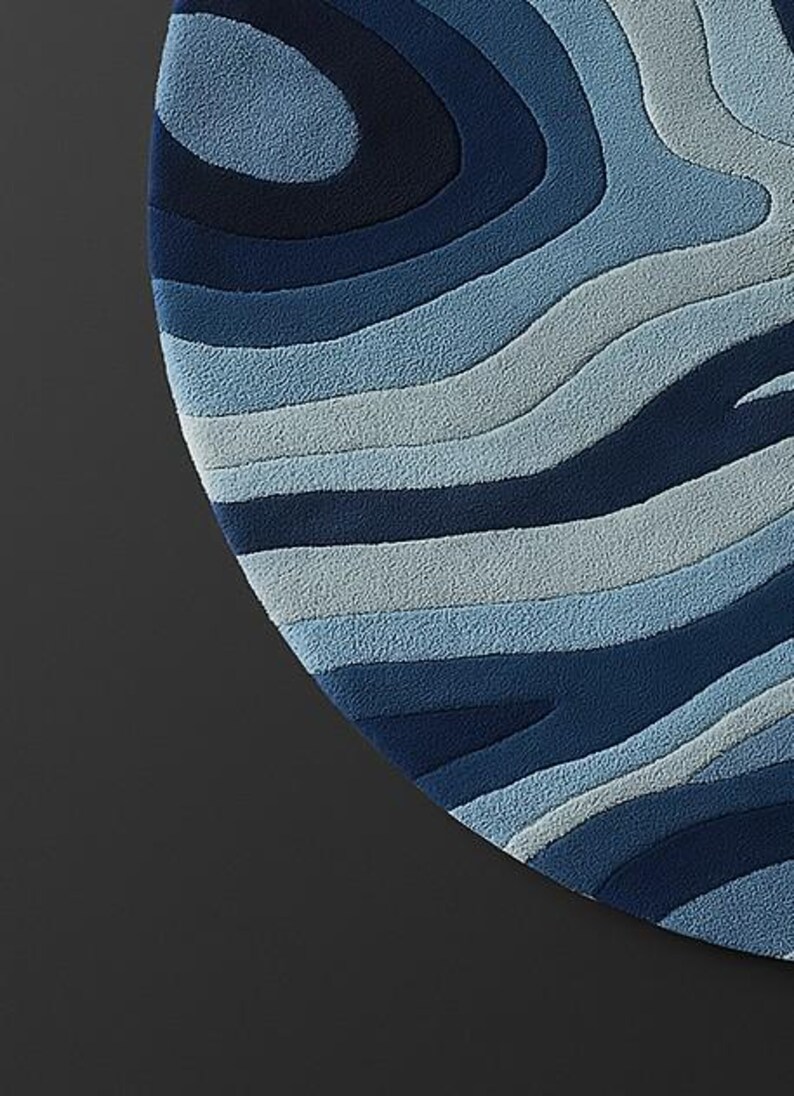 Blue Contour Round Rug – Abstract Coastal Topographic Design in Sky and ...