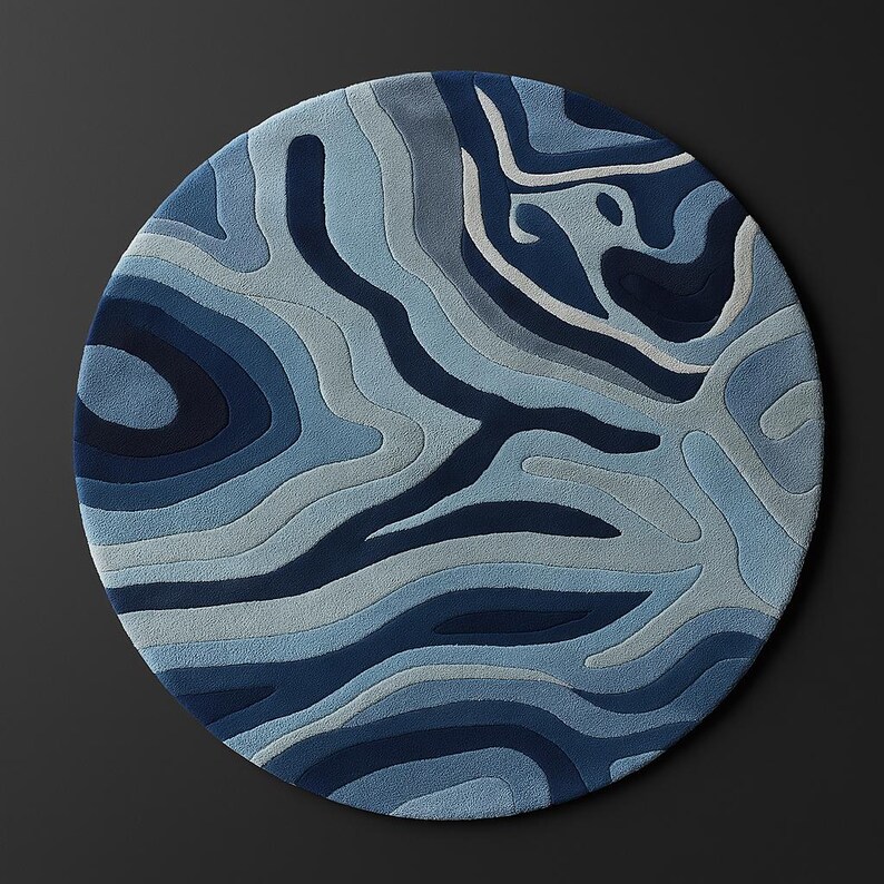 Blue Contour Round Rug – Abstract Coastal Topographic Design in Sky and ...