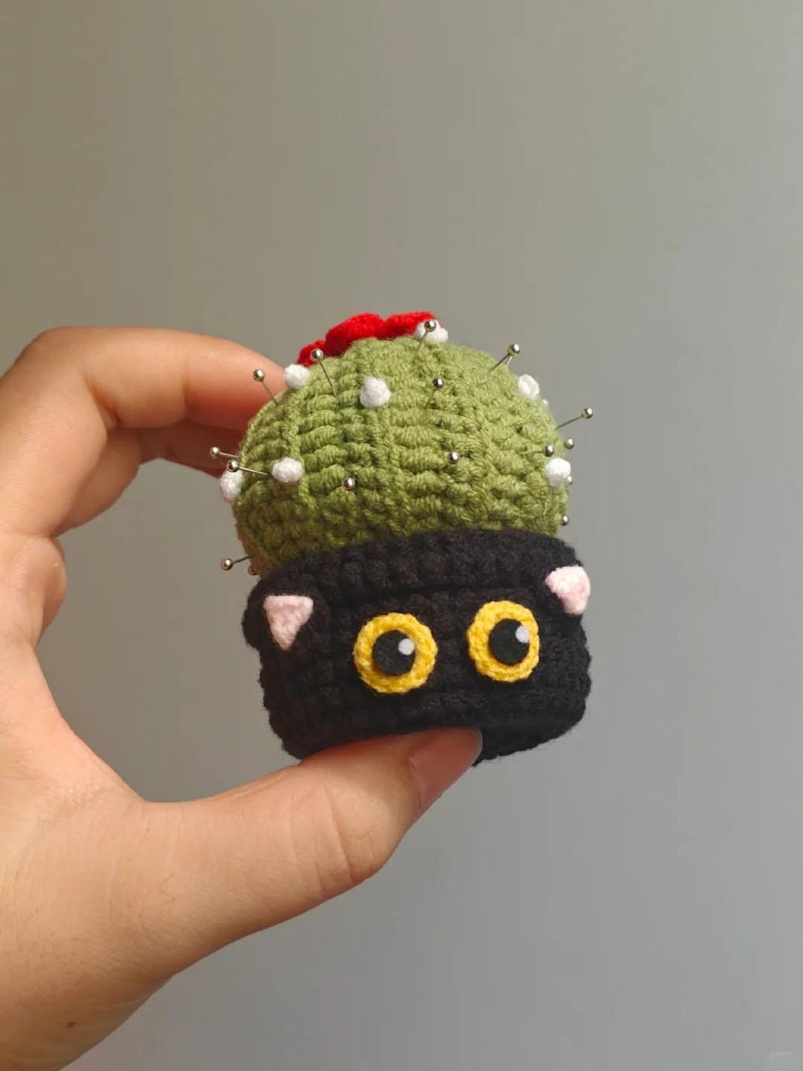 Cactus Cat Pincushion Crochet Pattern, Mini Big Eyes Black Cat Potted ...