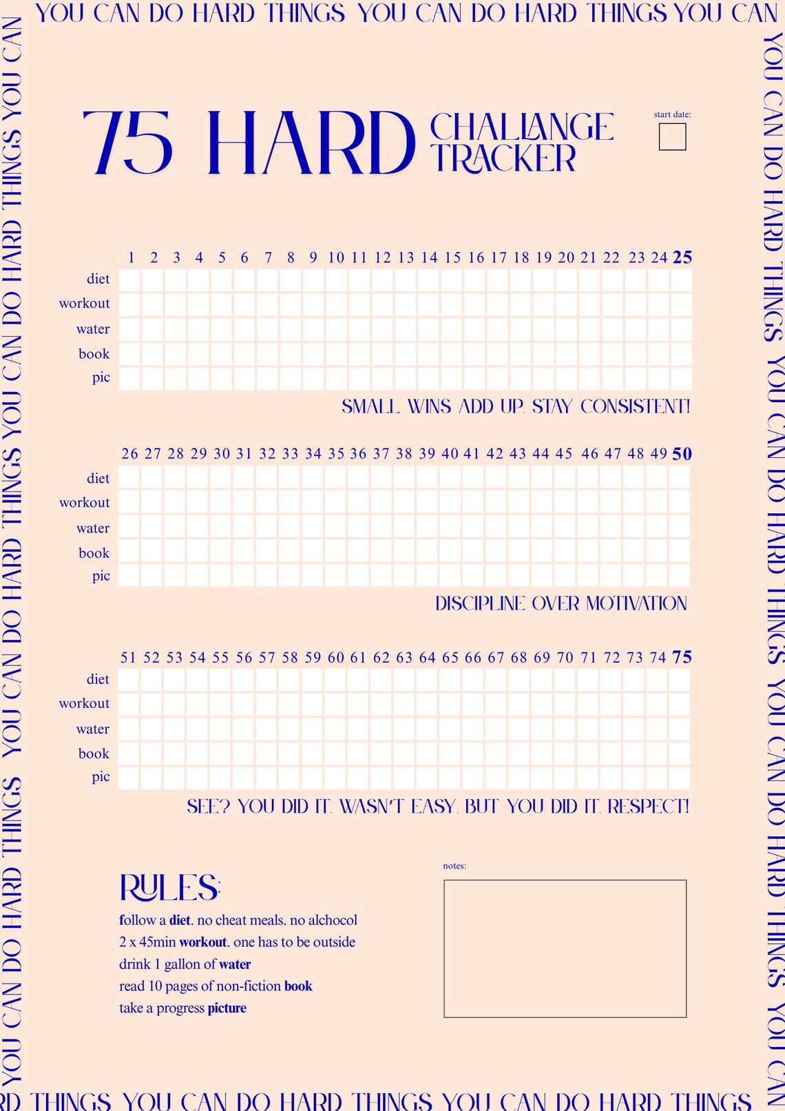 75 Day Tracker Printable 75 Day Challenge Challenge A4 - Etsy