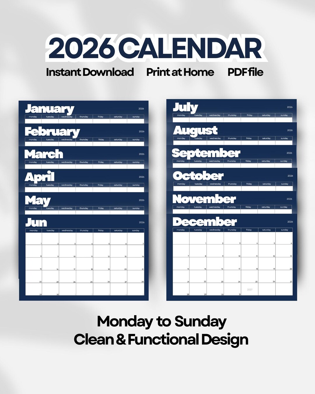 2026 Printable CALENDAR • PDF File • Instant Download • Monday–sunday ...