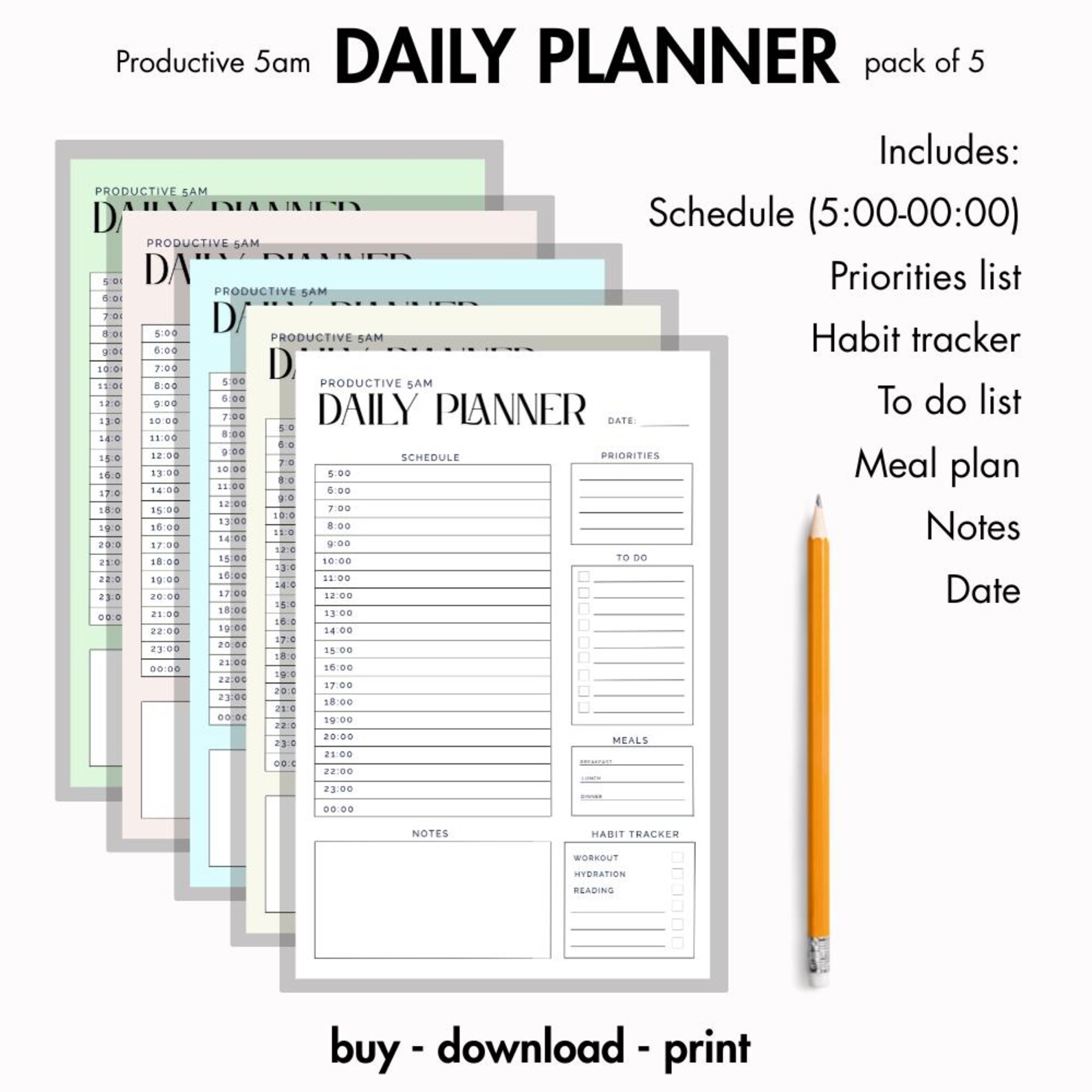 Productive 5am DAILY PLANNER, Pack of 5, Pastels, A4, Printable, Buy ...