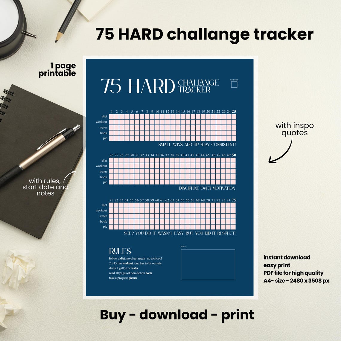 75 Day Tracker Printable 75 Day Challenge Challenge A4 Blue Pink - Etsy