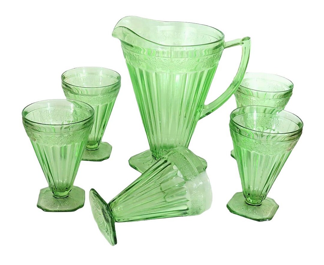 Green Depression Glass Adam Pitcher and Five Tumblers Uranium - Etsy