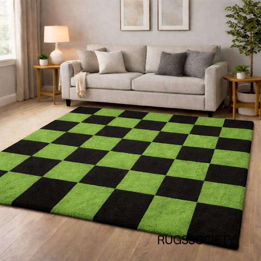 Handmade Green Black Checkered Wool Rug, Modern Checkerboard Carpet ...