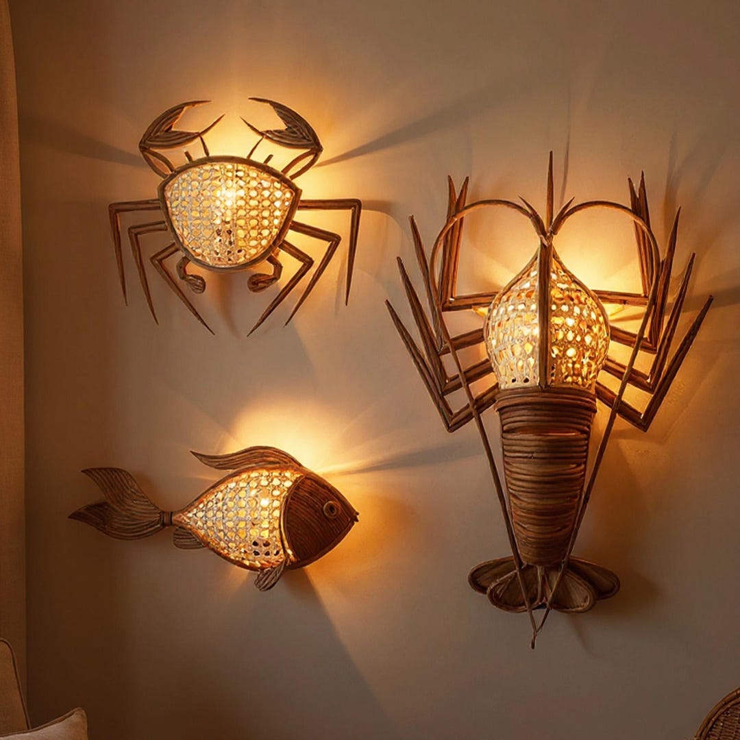 Wall Sconce Fish Light Rattan Crab Lamp Lobster Lampshade Decor Wall ...