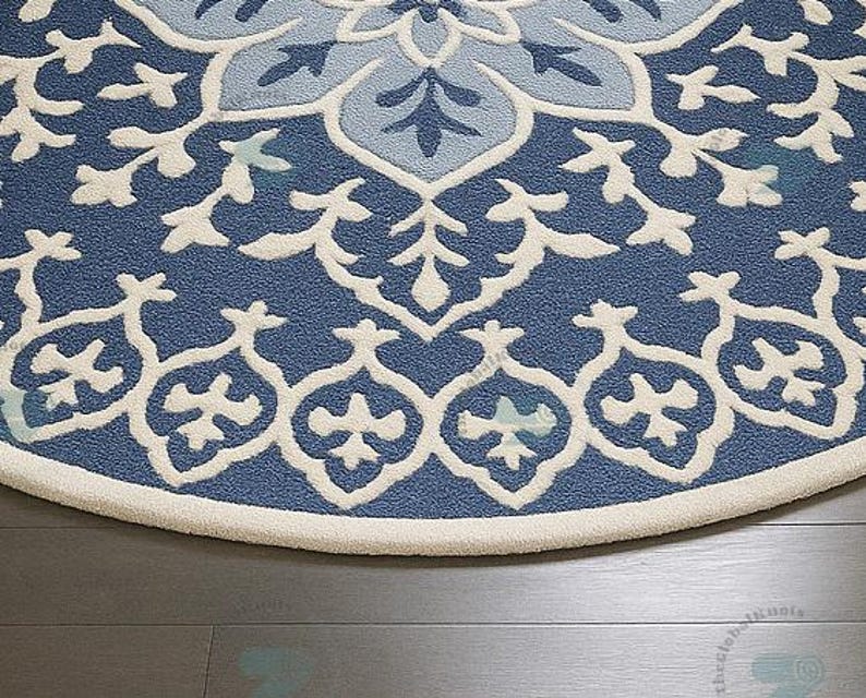 Hand-tufted Wool Mandala Rug, Round Blue Floral Medallion Home Decor - Etsy