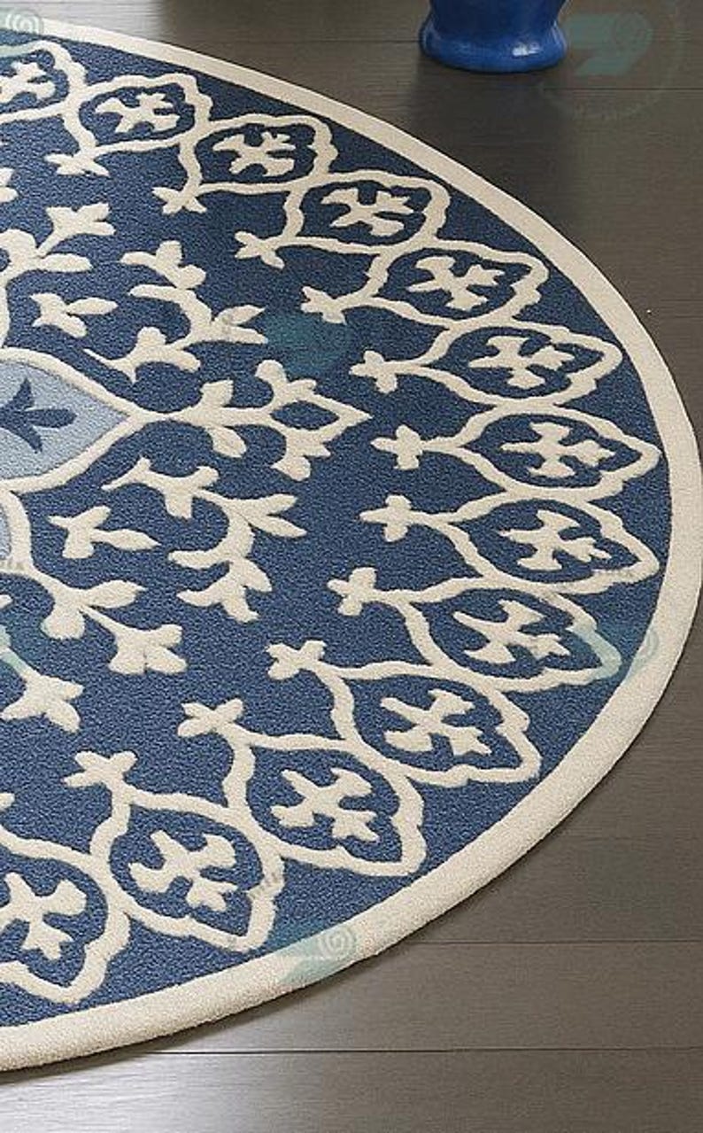 Hand-tufted Wool Mandala Rug, Round Blue Floral Medallion Home Decor - Etsy
