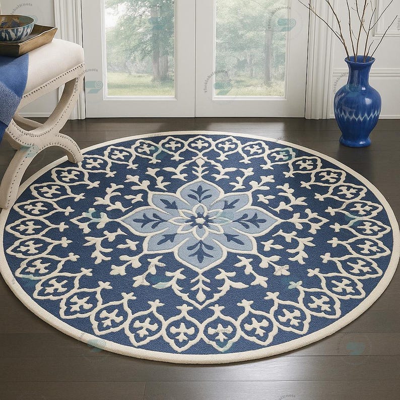 Hand-tufted Wool Mandala Rug, Round Blue Floral Medallion Home Decor - Etsy