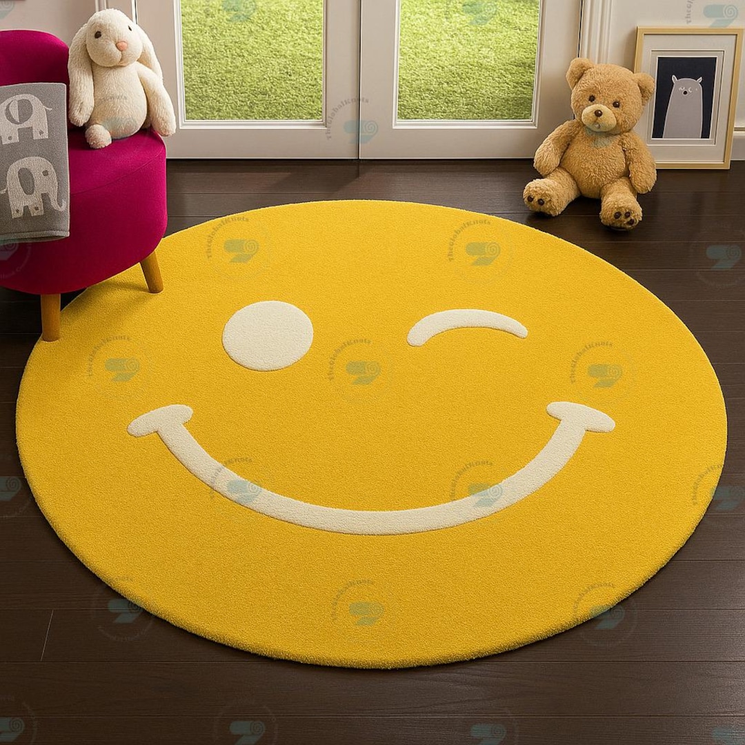 Round Yellow Smiley Face Rug, Cute Winking Kids Room Carpet, Playroom ...