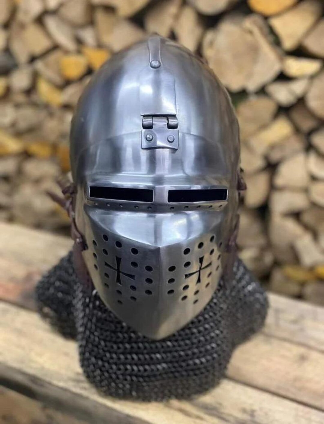 Medieval Steel Knight Helmet With Chainmail Aventail | Handmade ...