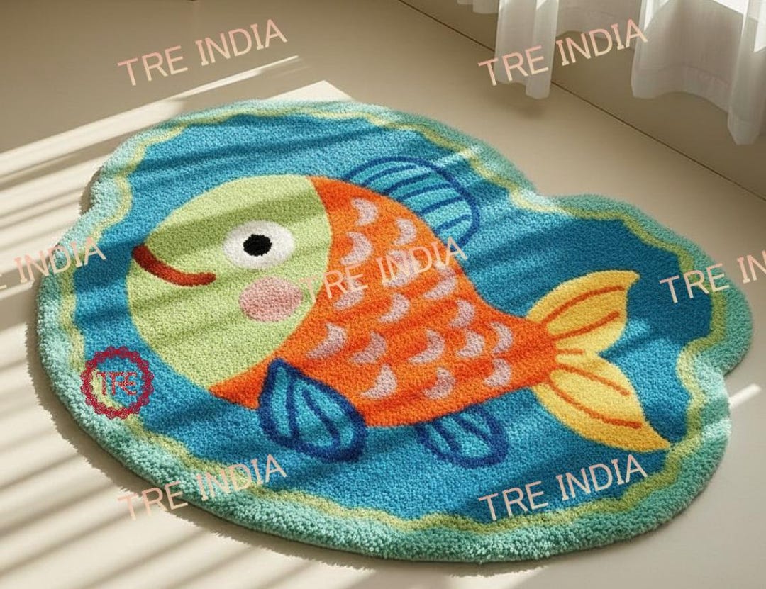 Kids Fish Shape Hand Tufted Rug | Colorful Ocean Theme Nursery Rug ...