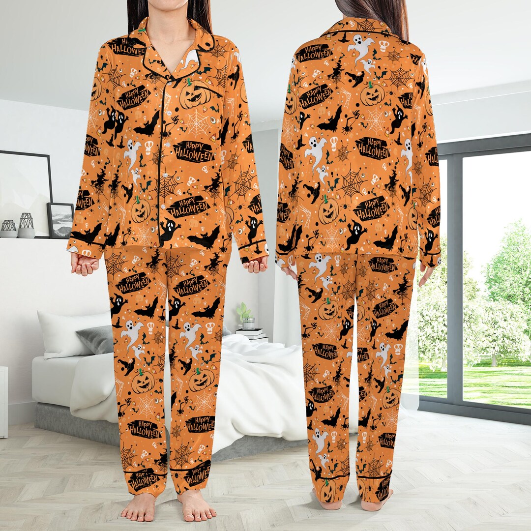 Retro Halloween Satin Pajamas Set, Spooky Season Short Long Sleeve ...