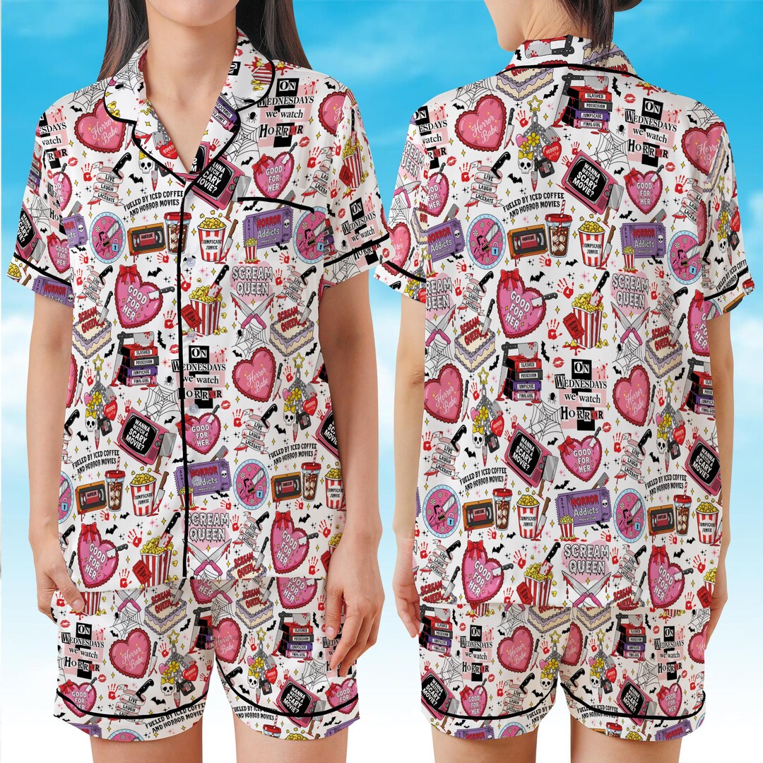 Horror Lover Satin Pajamas Set, Cute Horror Girlie Halloween Pajama Set ...