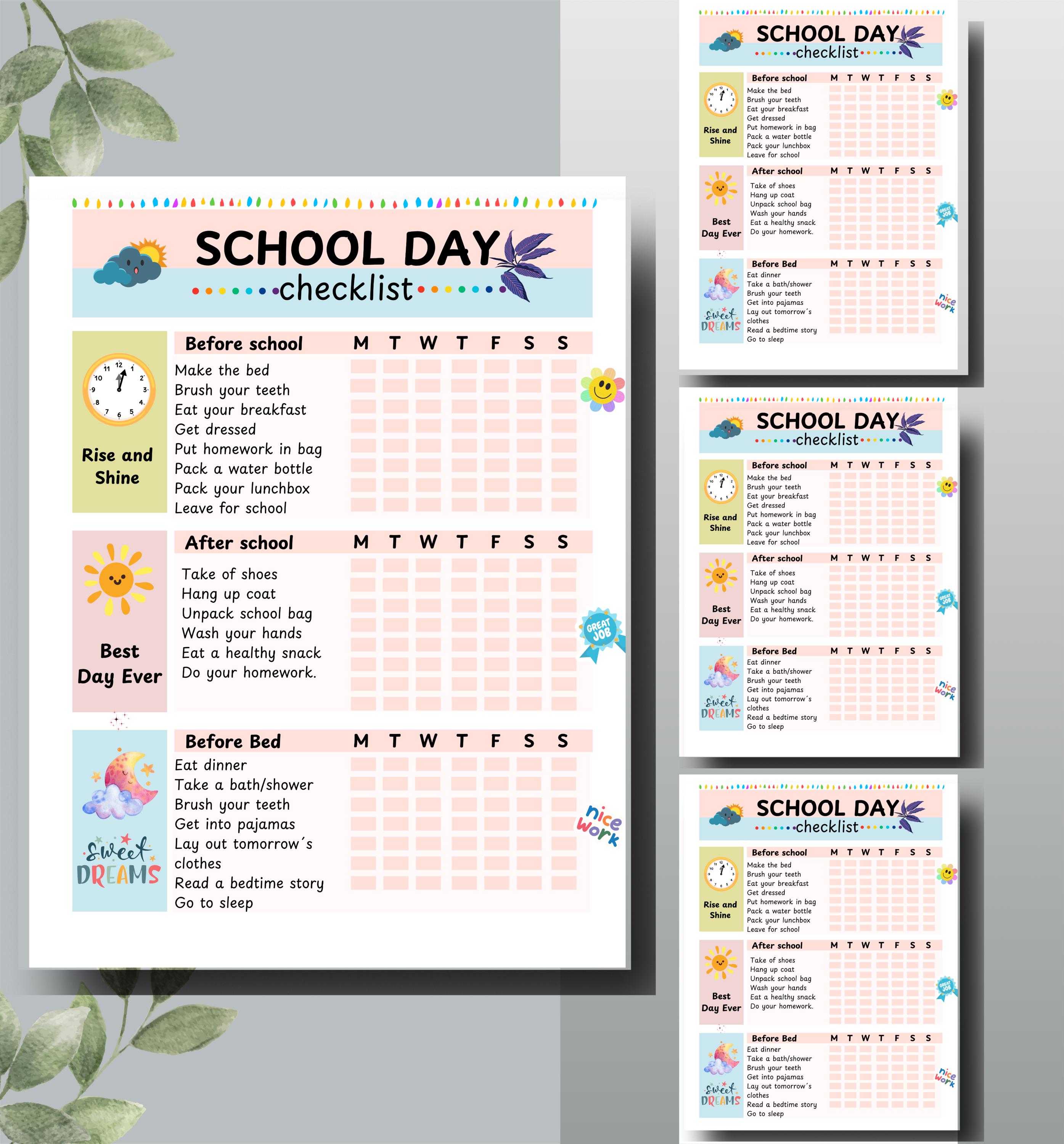 School Day Checklist Printable Kids Daily Routine Chart Morning Bedtime ...