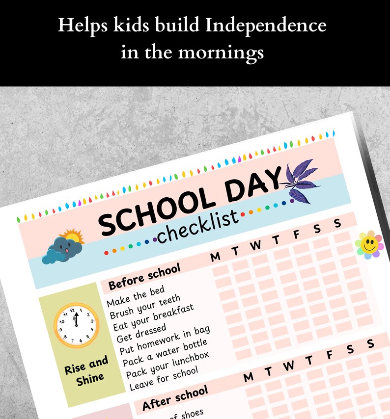 School Day Checklist Printable Kids Daily Routine Chart Morning Bedtime ...
