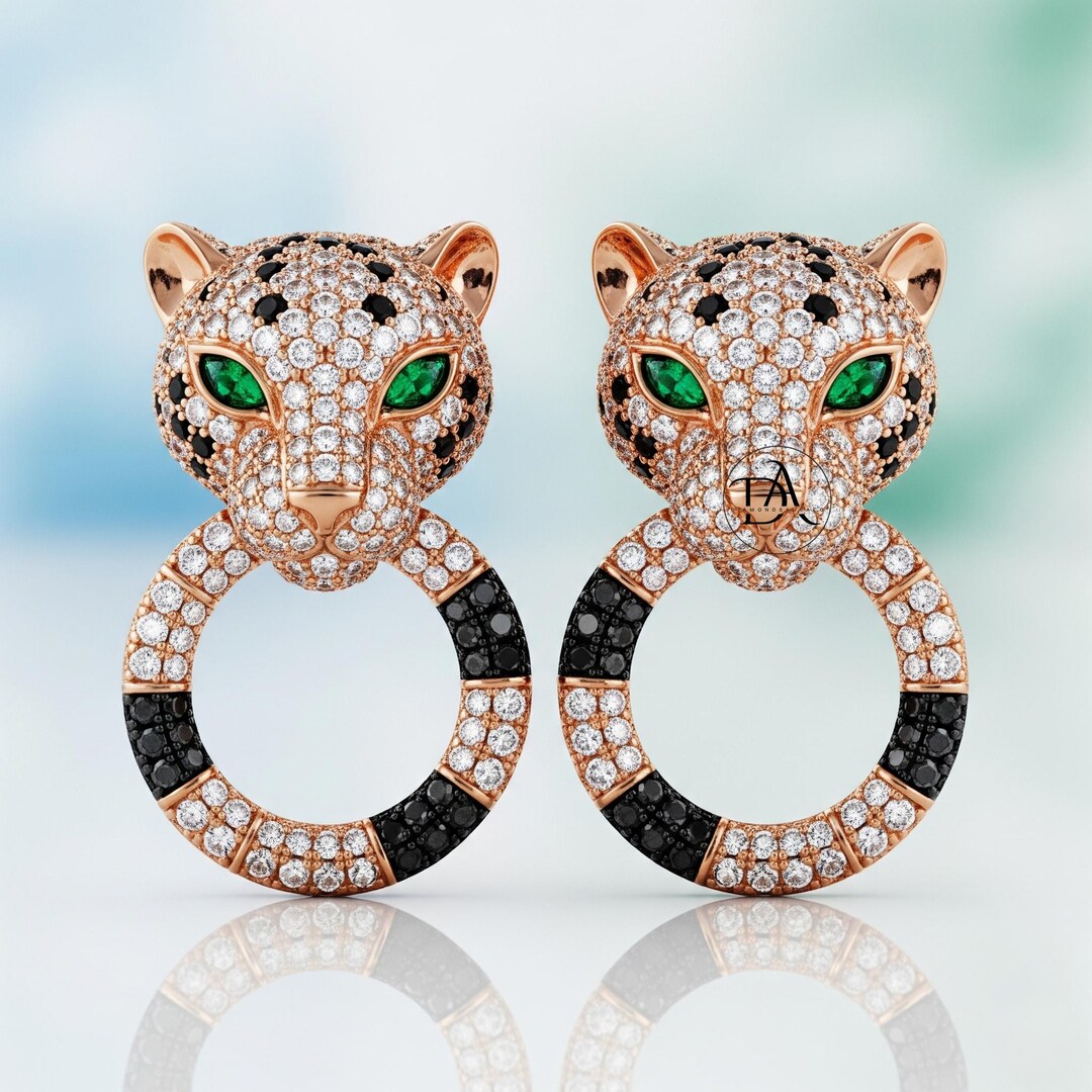 Luxury Panther Head Circular Drop Earrings, Emerald Eyes Black & White ...