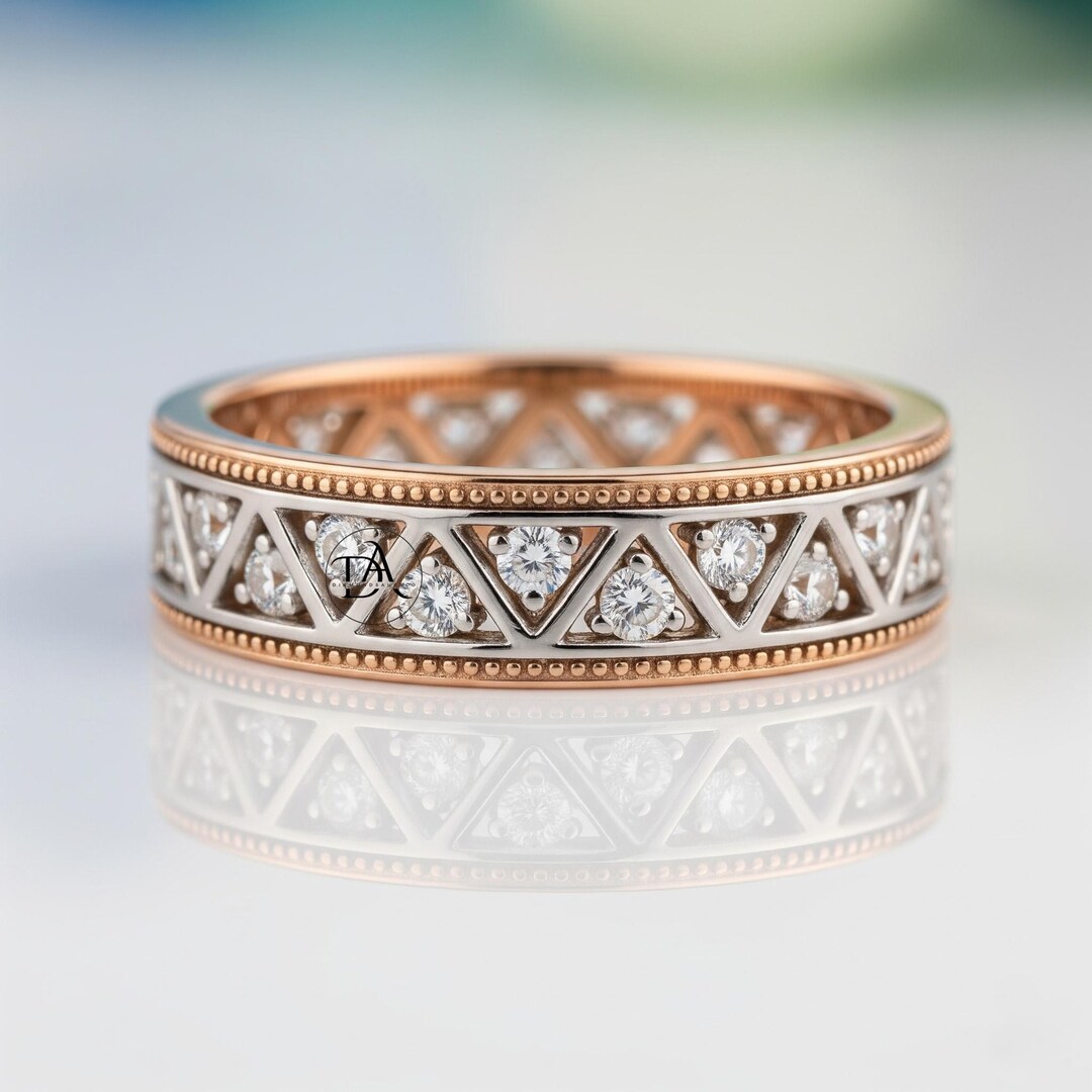Two Tone Zig Zag Pattern Engagement Ring, Dainty Style Wedding Ring ...