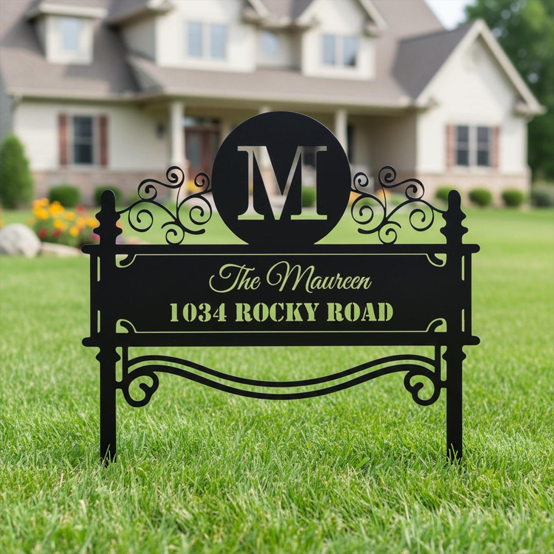 Custom Monogram Address Yard Decor, Monogram Address Metal Sign ...