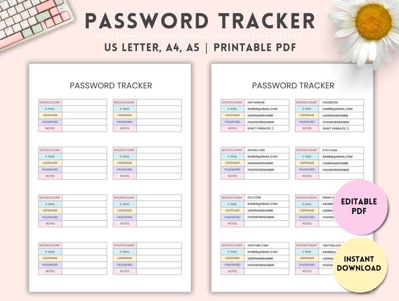 Editable Password Tracker, Printable Password Tracker, Password List ...