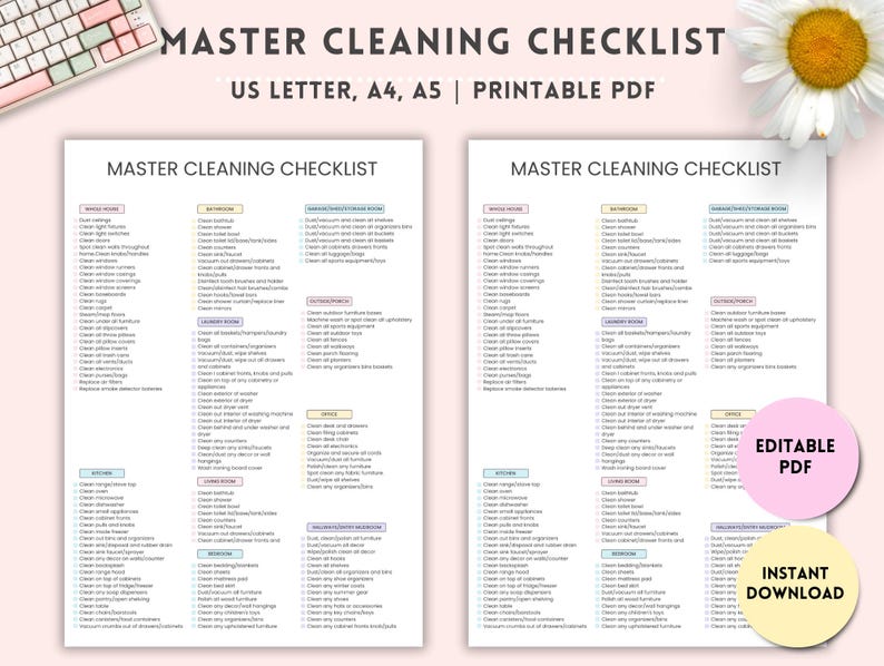 Printable Master Cleaning Checklist, House Cleaning Schedule, Chore ...