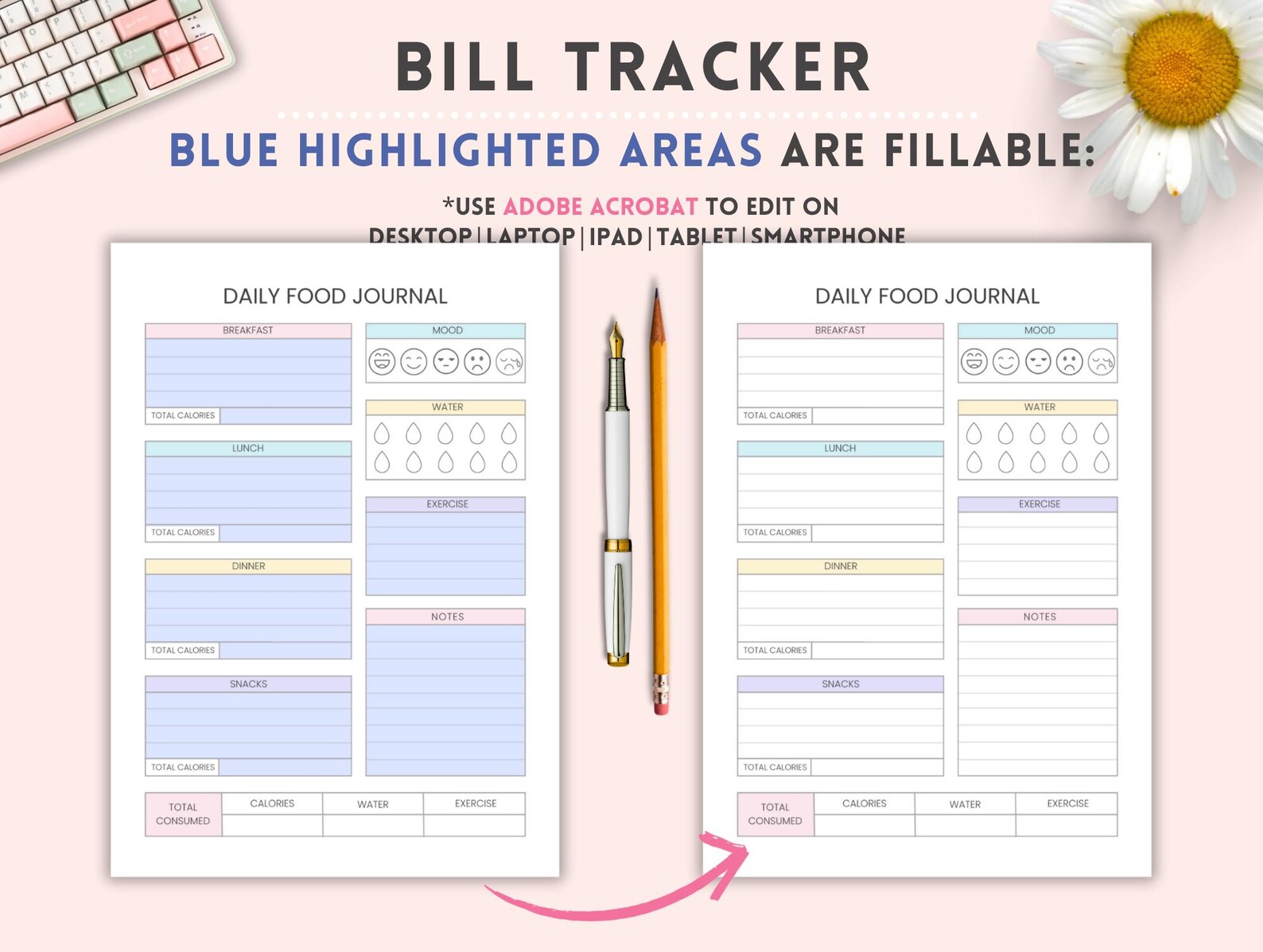 Editable Daily Food Journal, Printable Meal Planner, Calorie & Macro ...