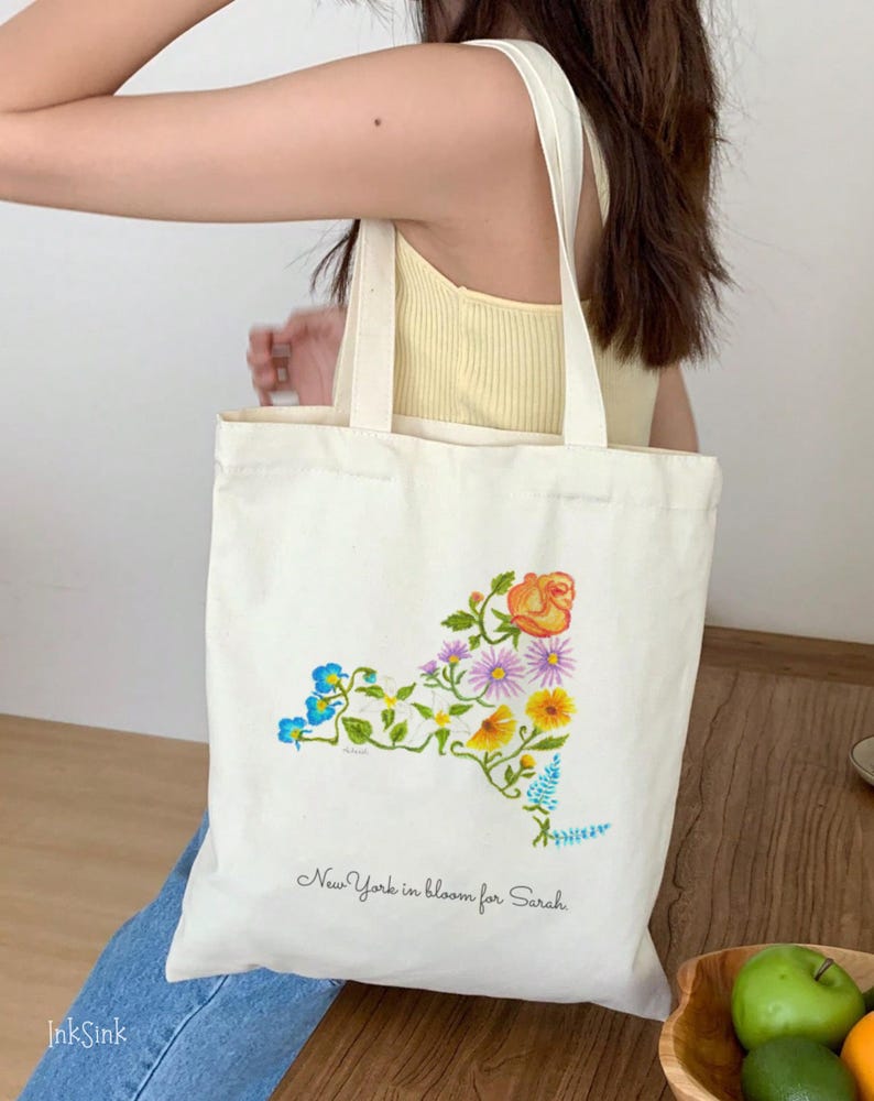 New York State Flower Personalized Canvas Tote, Cute Teacher Bag ...