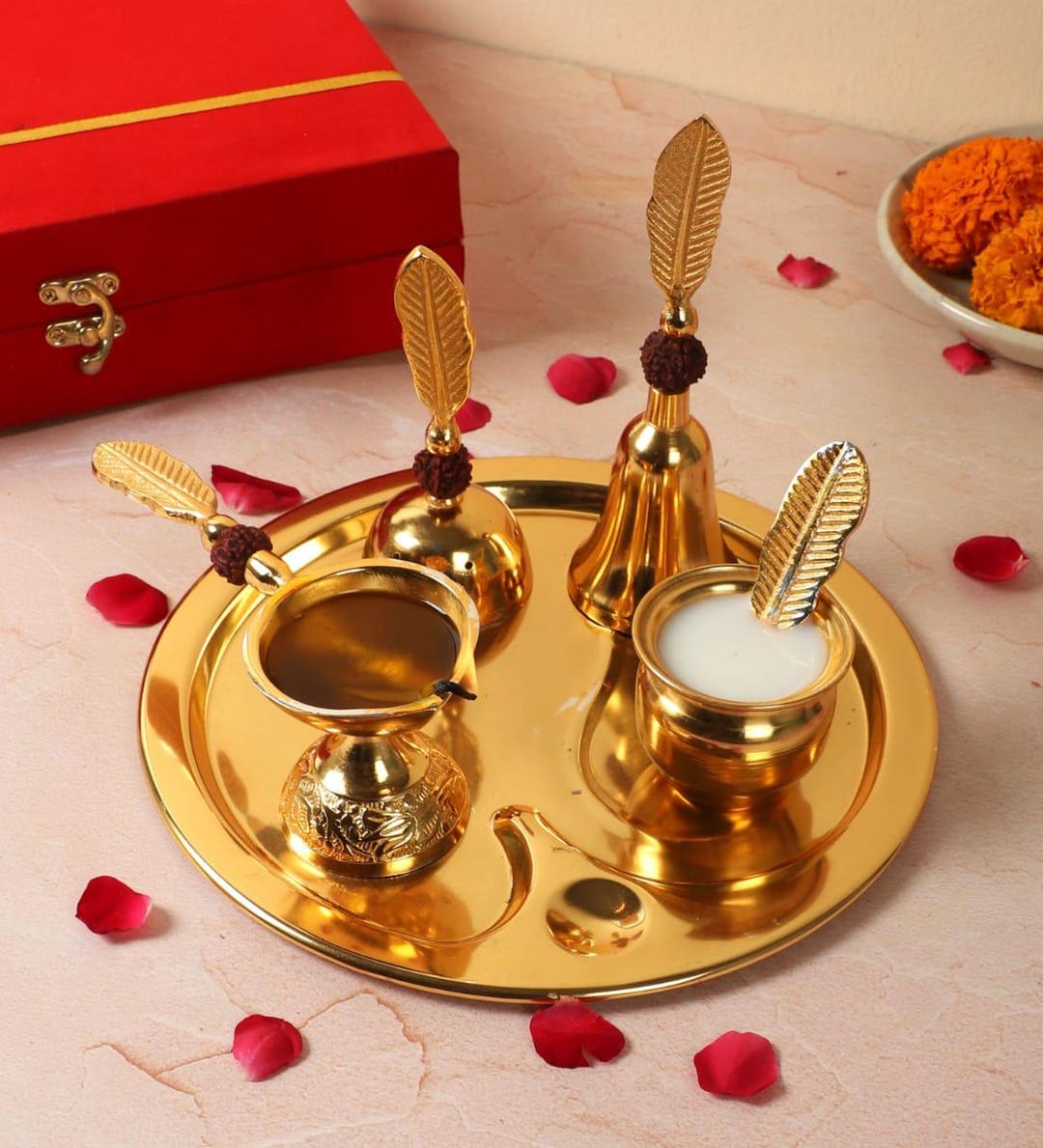 Brass Puja Thali Set 8 Inch With Plate Agarbatti Stand Spoon Ghanti ...
