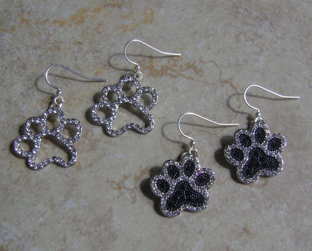 Just Paws Silver Crystal Jewel Cat or Dog Paw Charm Earrings YOU CHOOSE ...