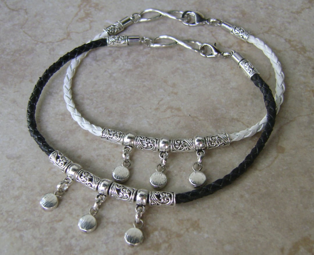 Black or White Leather Infinity Bali Style Silver Charm Anklet Ankle ...