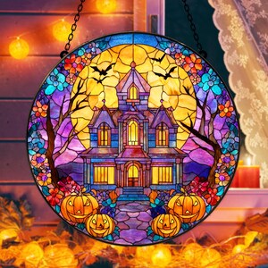 Colorful Haunted Mansion Suncatcher Halloween Stained Glass Window ...