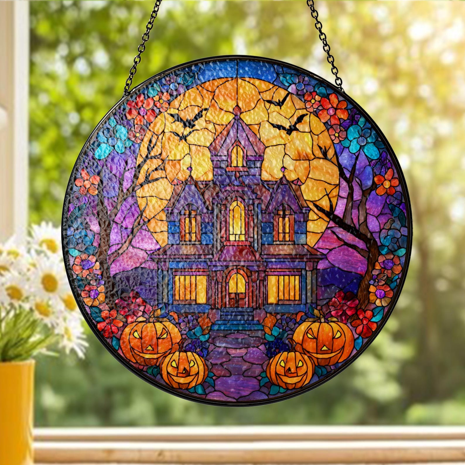 Colorful Haunted Mansion Suncatcher Halloween Stained Glass Window ...
