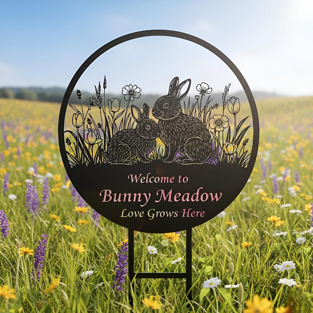 Personalized Bunny Meadow Garden Sign – Custom Metal Yard Stake with ...