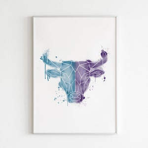 Geometric Watercolour Ox Wall Art - Digital Illustration - Instant ...