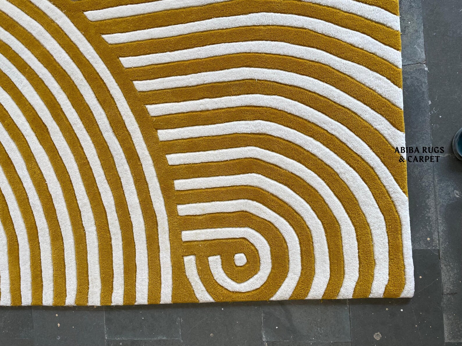 Modern Mustard Yellow Wool Rug – Hand-tufted White Line Pattern Carpet ...