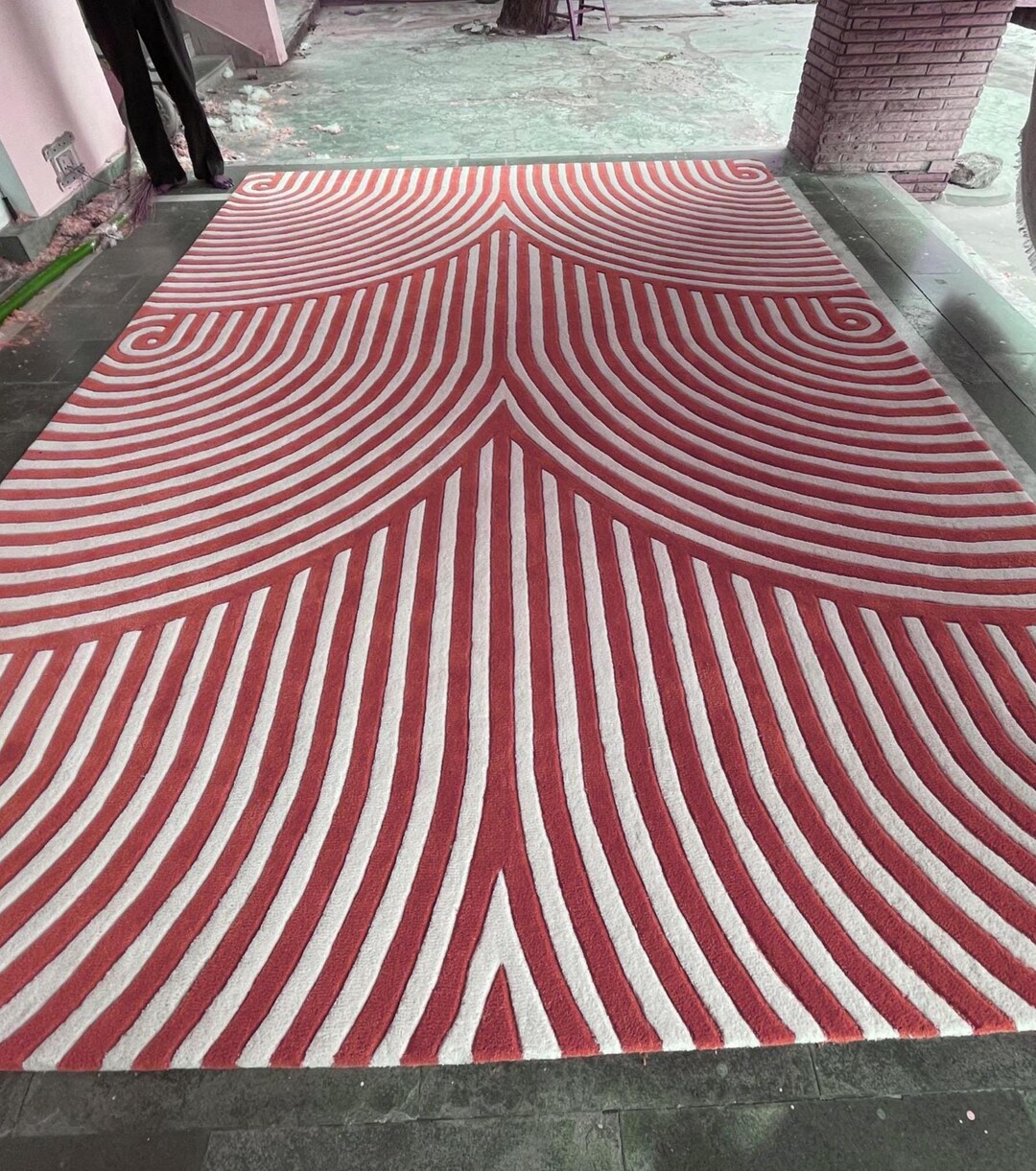 Modern Red and White Geometric Rug – Handmade Wool Carpet, Bold Striped ...