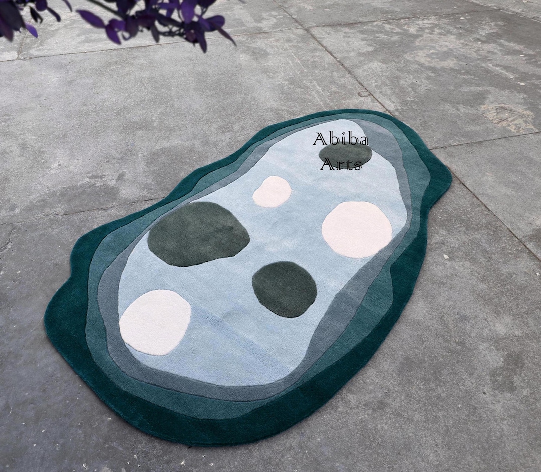 Organic Irregular Shape Area Rug | Layered Blue Green Abstract Contour ...