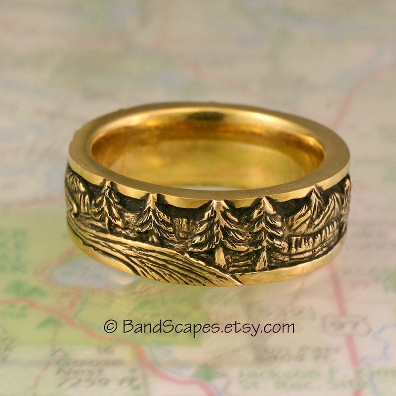 Wide PEAKS PINES and RIVERS Band, in Solid 14k White Gold, Yellow Gold ...