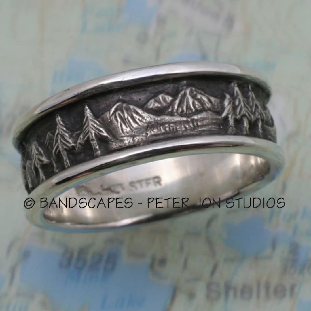MOUNTAIN LANDSCAPE Wedding Band, 8mm Width, in Sterling Silver, Pine ...