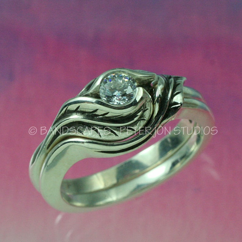 TULIP WEDDING RINGS, Engagement Ring and Matching Wedding Band, Made in ...