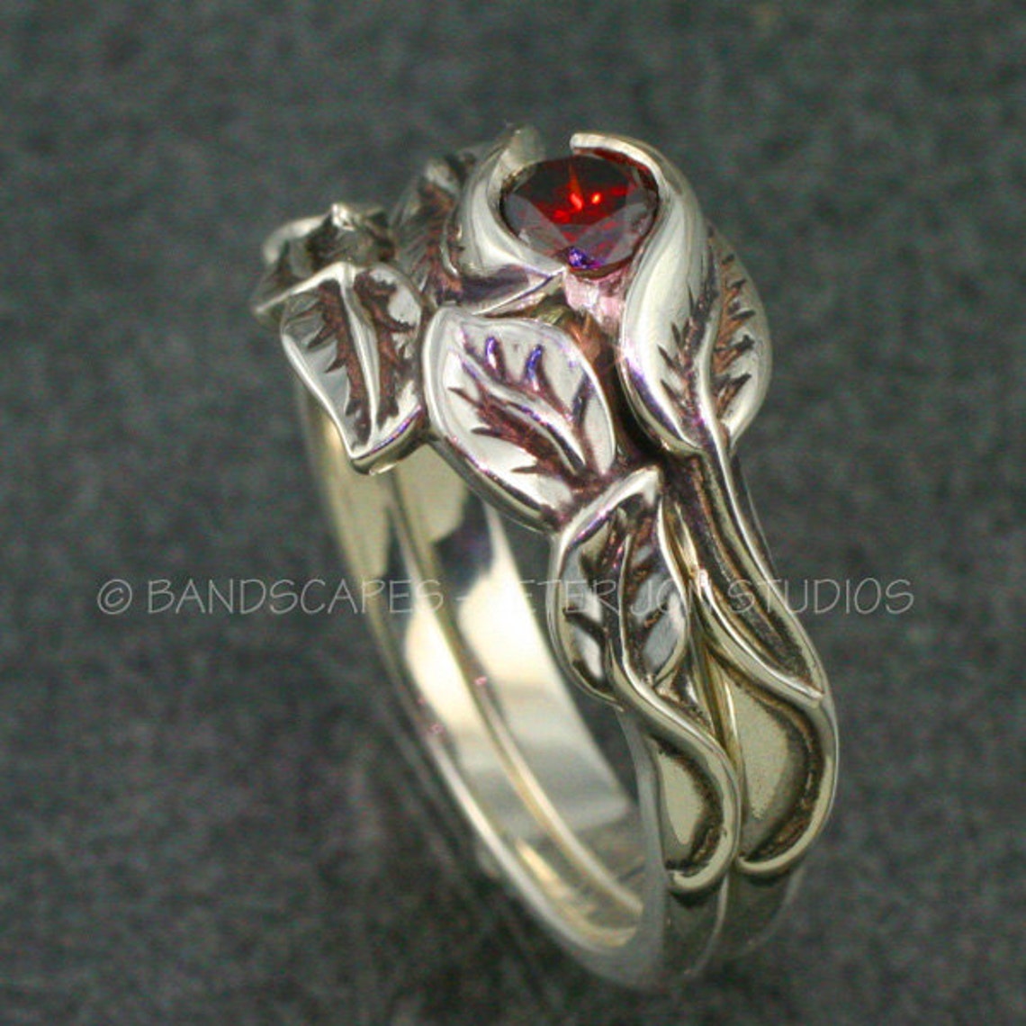 Cinnamon Diamond in Gold DELICATE LEAF Wedding Ring Set | Etsy