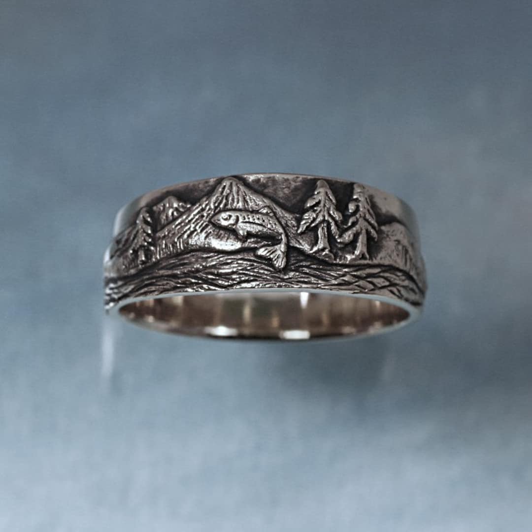 TROUT FISHING Ring in Sterling Silver - Mountain Fly Fishing, Landscape ...