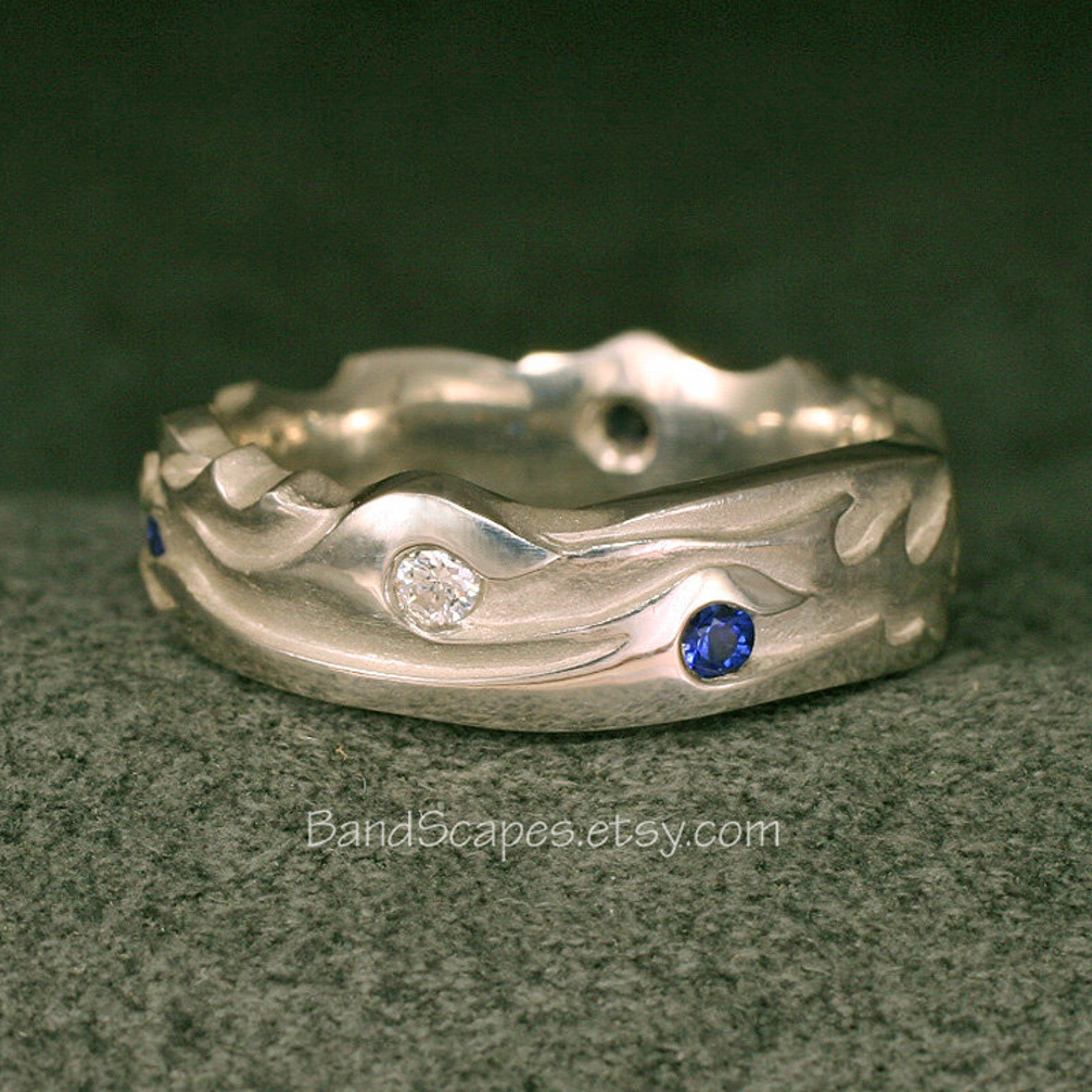 OCEAN WAVES, Handmade in Sterling Silver Wedding Band, With White and ...