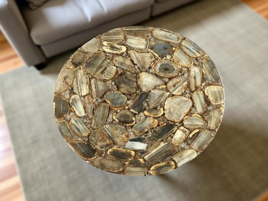 Round Wild Agate Stone Side Table | Handmade Natural Agate Fossil ...