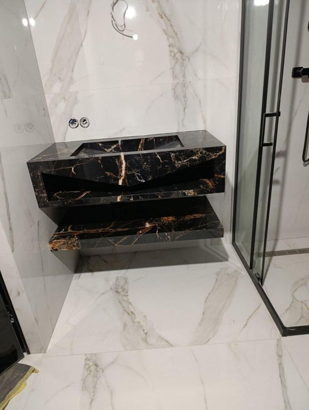Modern Wall-mounted Black Granite Sink With Hidden Drawer | Floating ...