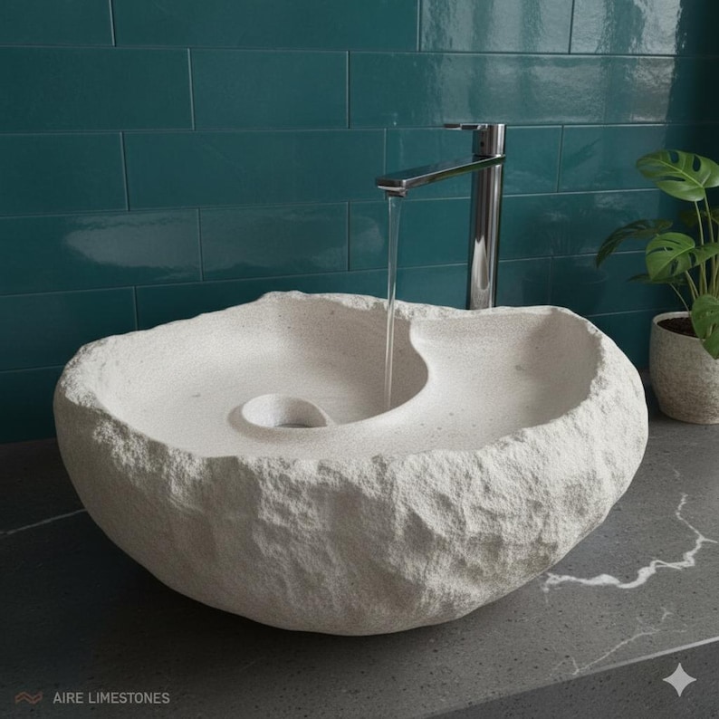 Handcrafted Travertine Stone Vessel Sink: Rustic Raw Edge Bathroom ...