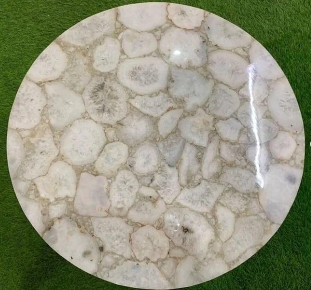 Luxury Round White Agate Stone Table Top – Handmade Semi-precious ...
