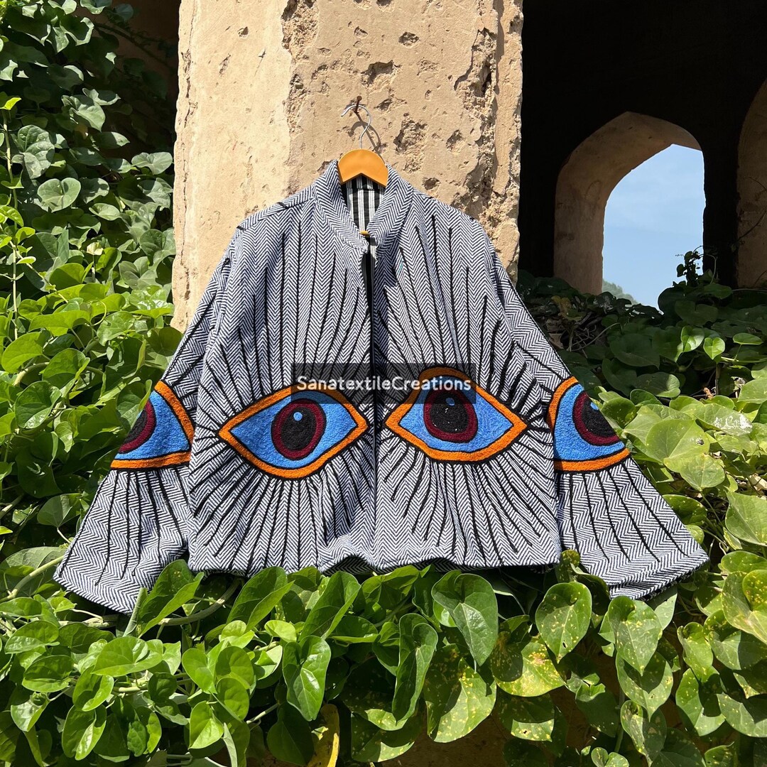 Hand-embroidered Evil Eye Jacket – Herringbone Boho Festival Coat - Etsy